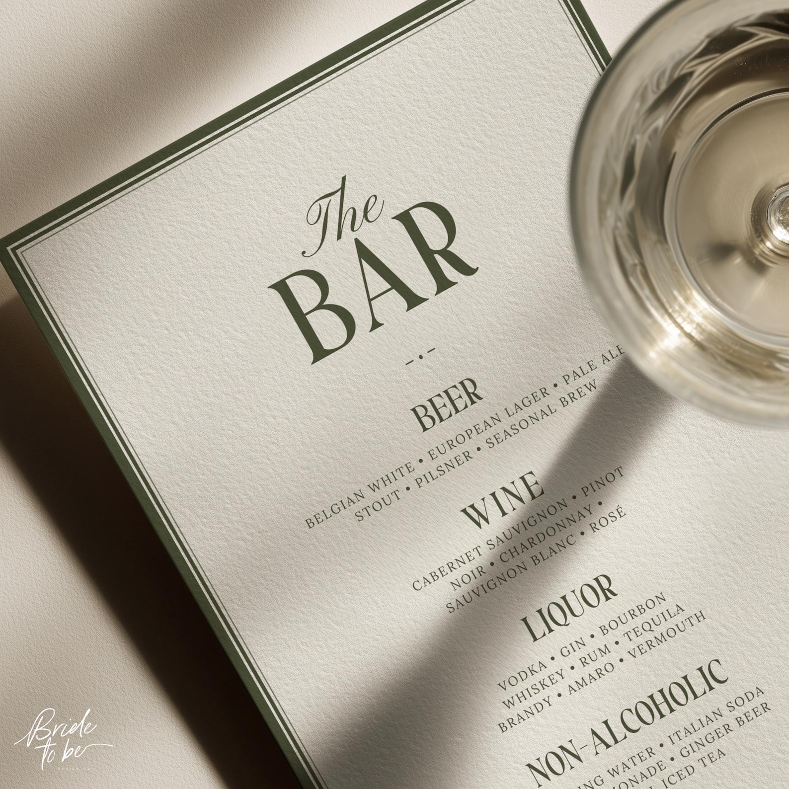 Olive Green Bar Menu Sign Template, Timeless Wedding Drinks List, Quiet ...