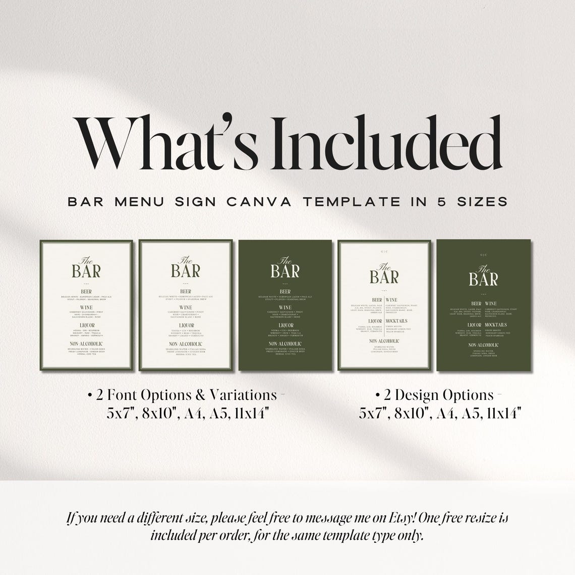 Olive Green Bar Menu Sign Template, Old Money Wedding Drinks List ...