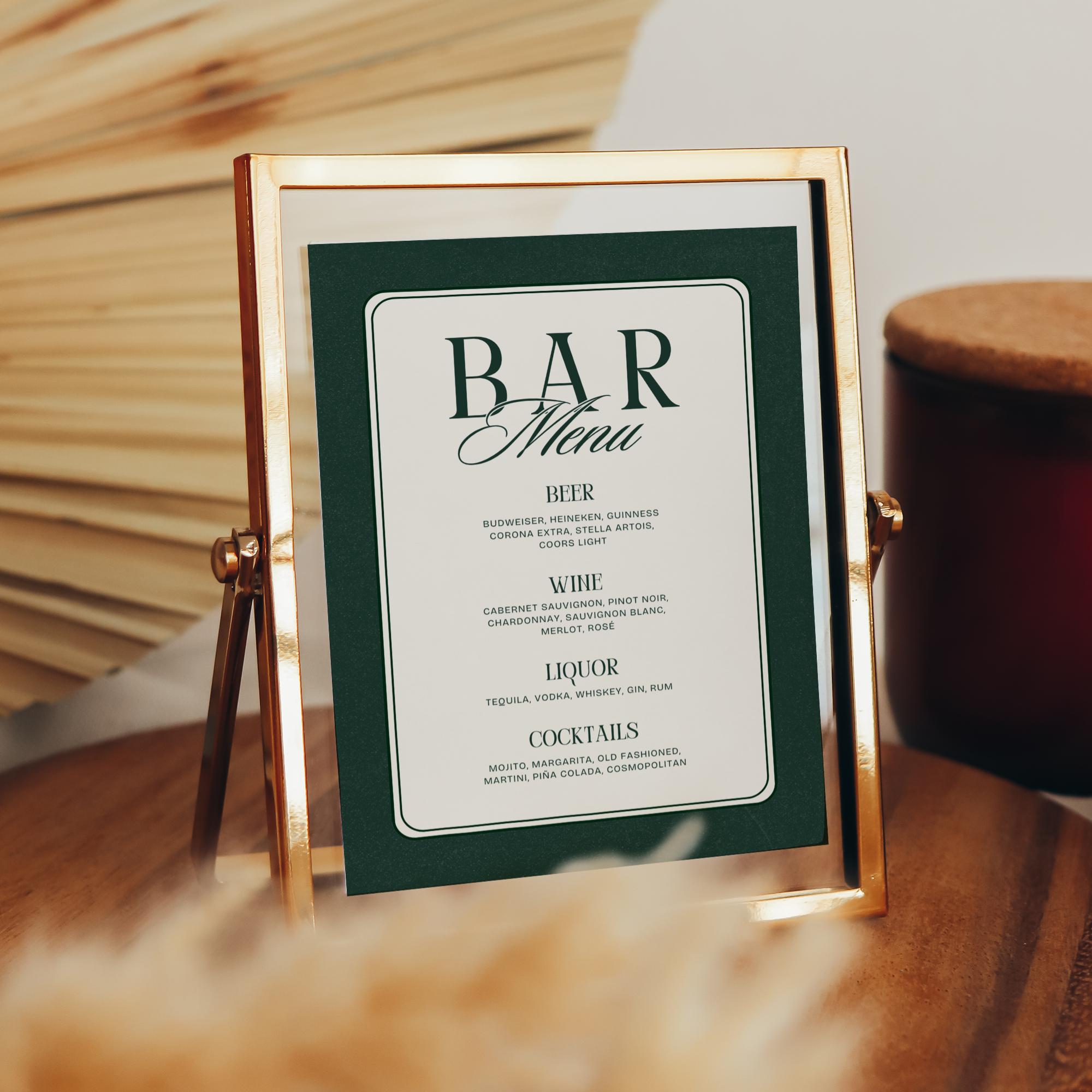 Old Money Bar Menu Template, Editable Green Wedding Bar Sign, Canva ...