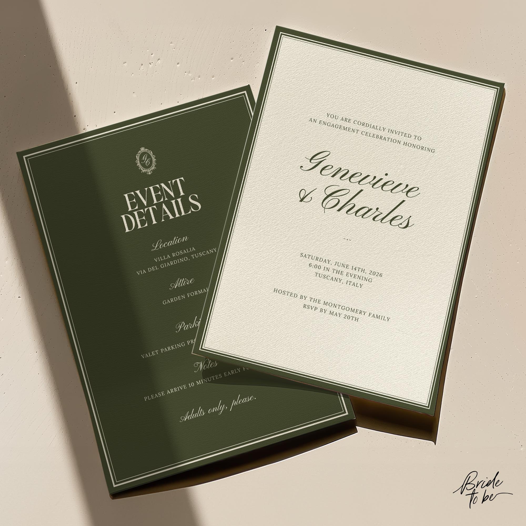 Olive Green Engagement Party Invitation, Elegant Estate Engagement Card ...