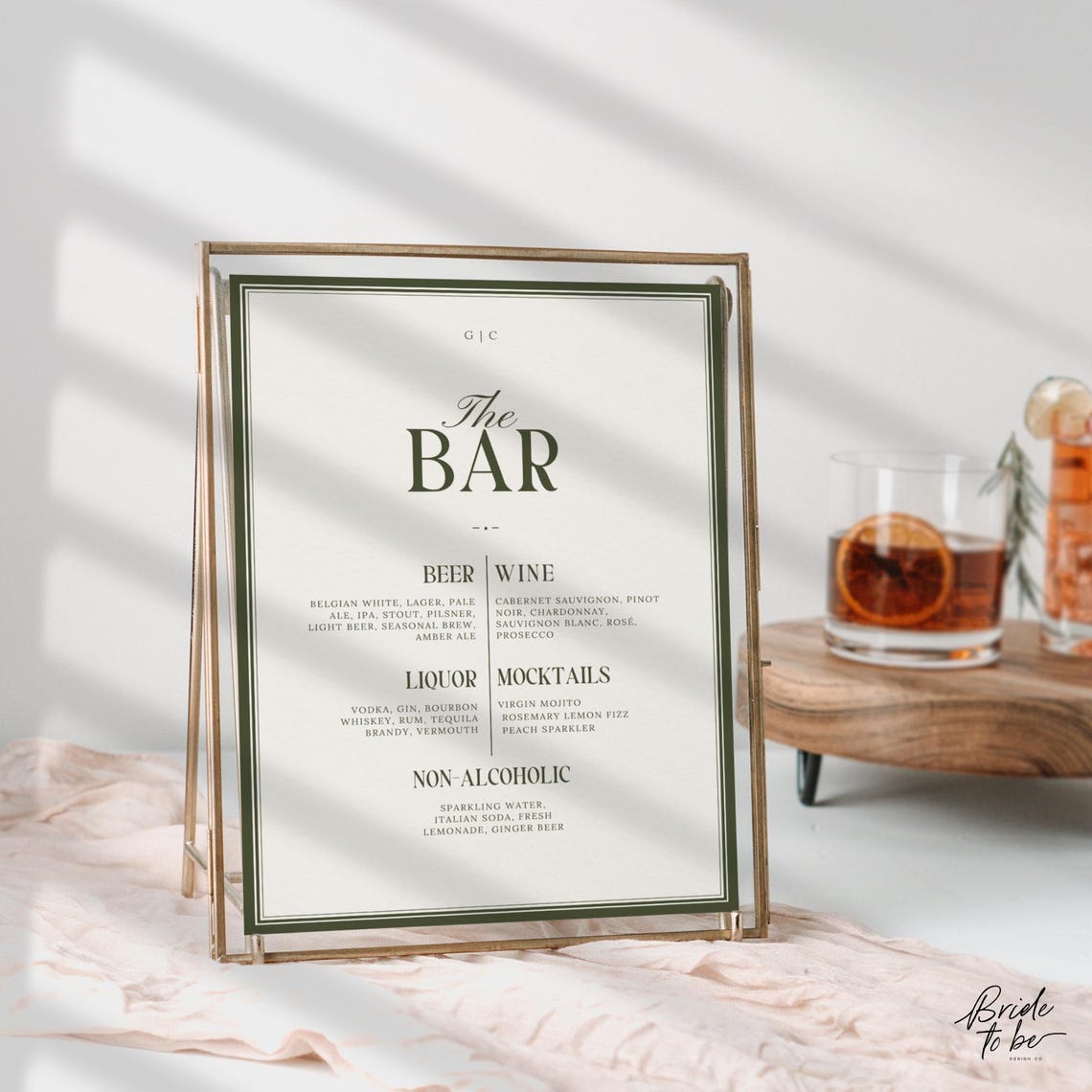 Olive Green Bar Menu Sign Template, Old Money Wedding Drinks List ...