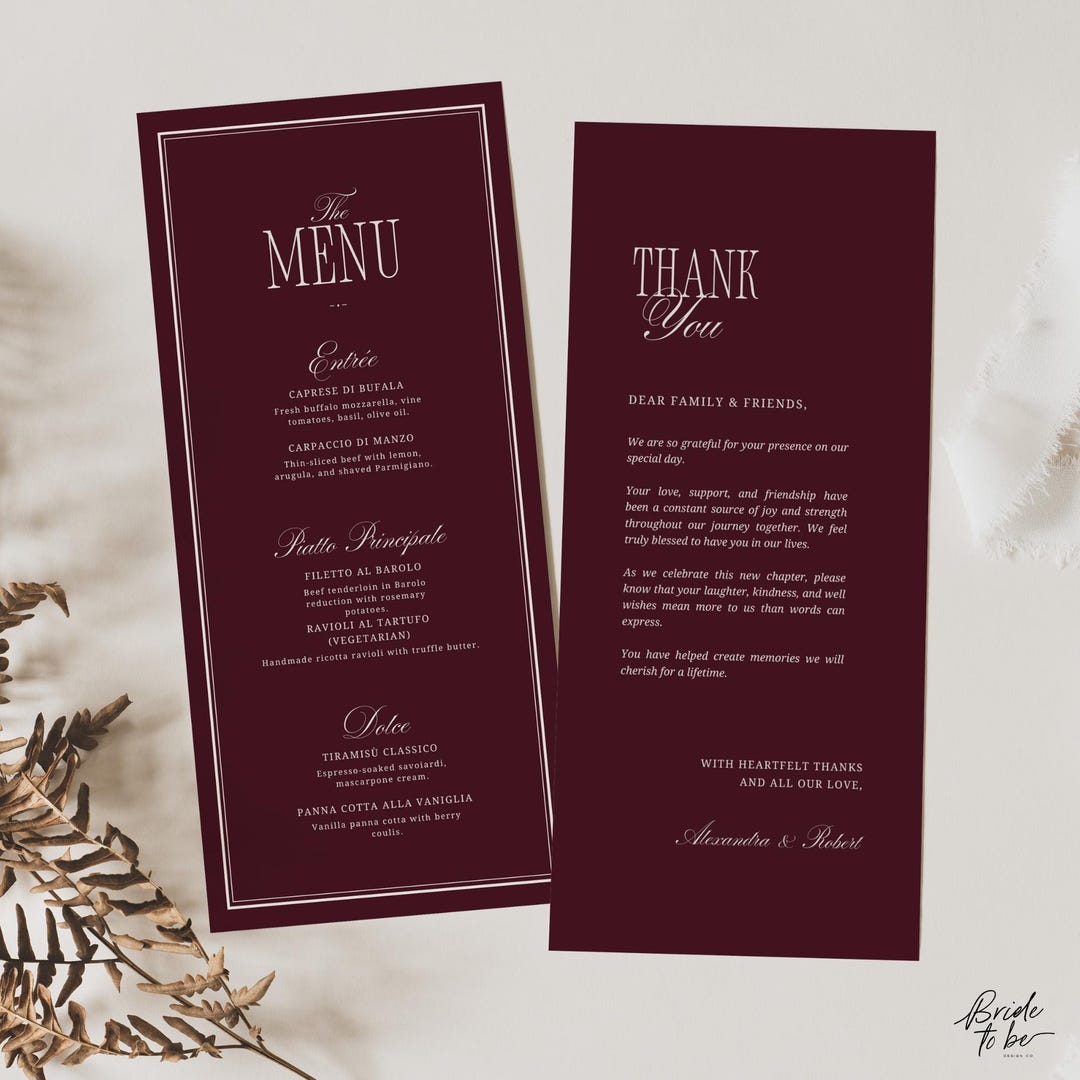 Burgundy Old Money Wedding Menu, Elegant Reception Dinner Card, Classic ...