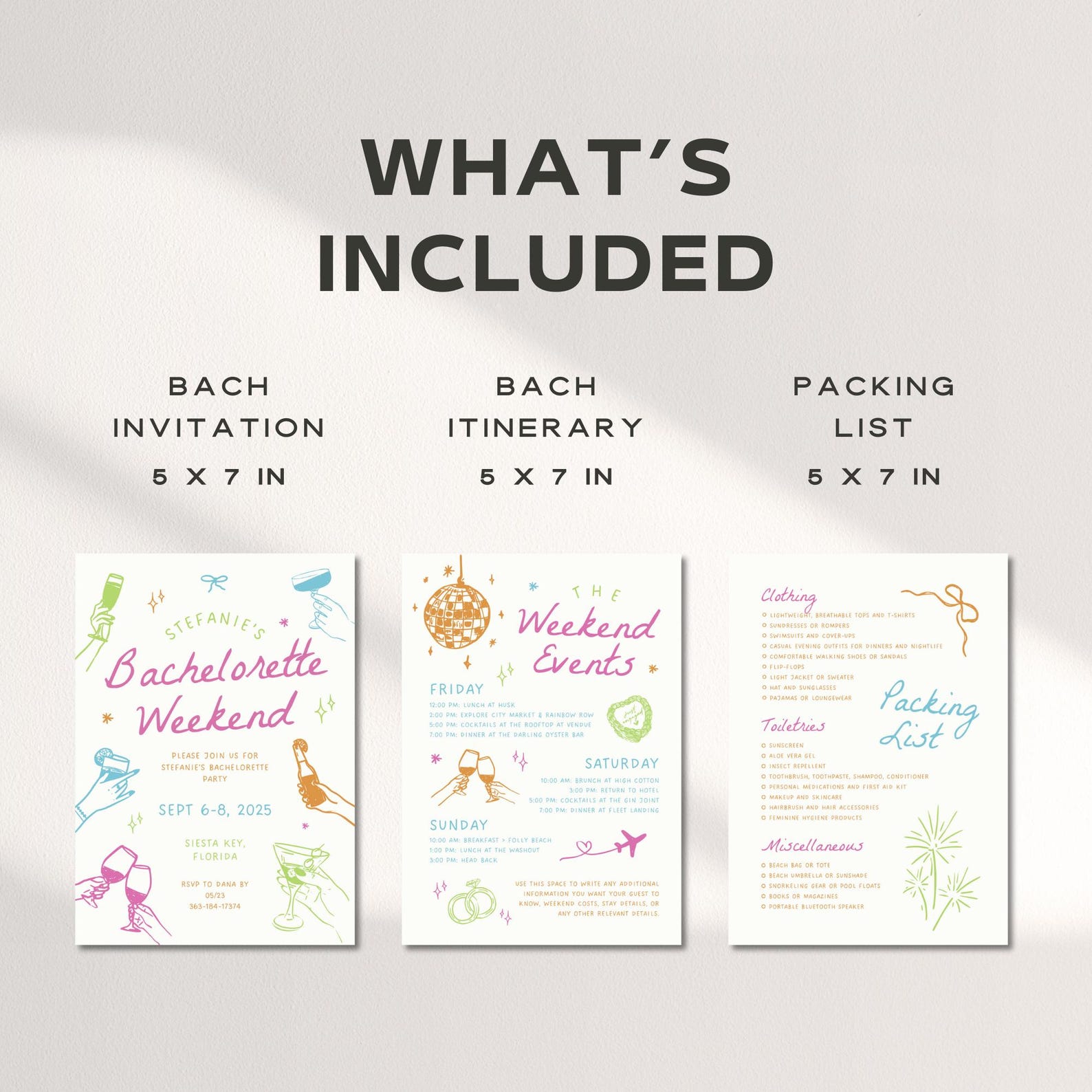 Colorful Bachelorette Weekend Itinerary, Hand Drawn Bachelorette Party ...