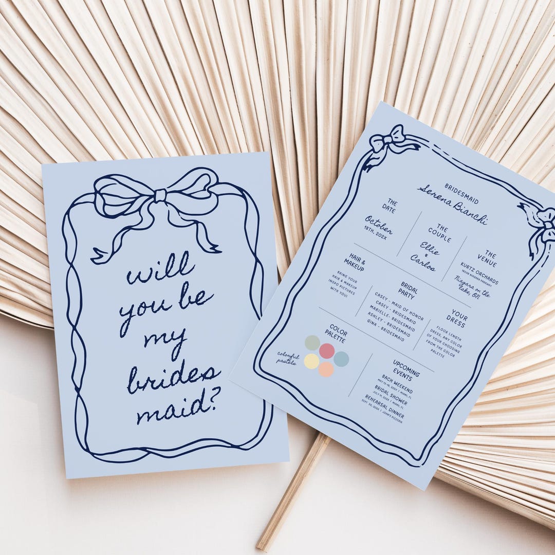 Blue Bow Bridesmaid Proposal Card Template, Will You Be My Bridesmaid ...
