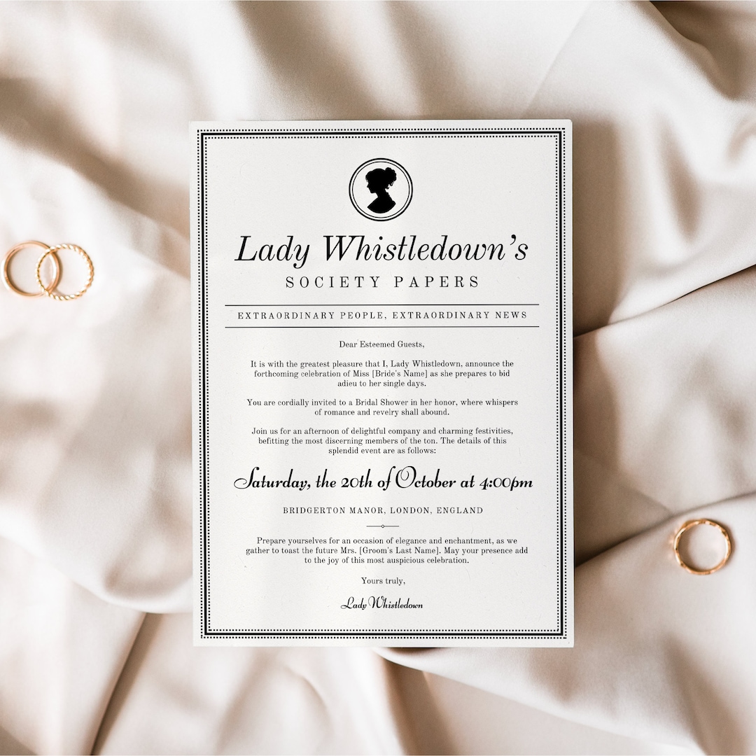 Bridgerton Themed Bridal Shower Invitation, Lady Whistledown Society ...