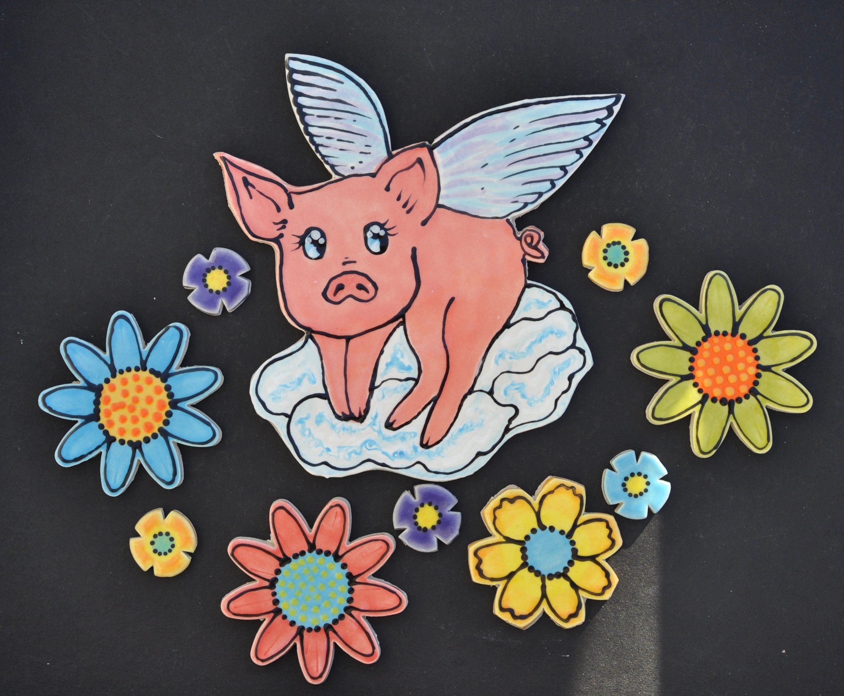 Handmade Mosaic Ceramic Tile Pigs Fly, Flowers , Mosaic Clay Tile - Etsy