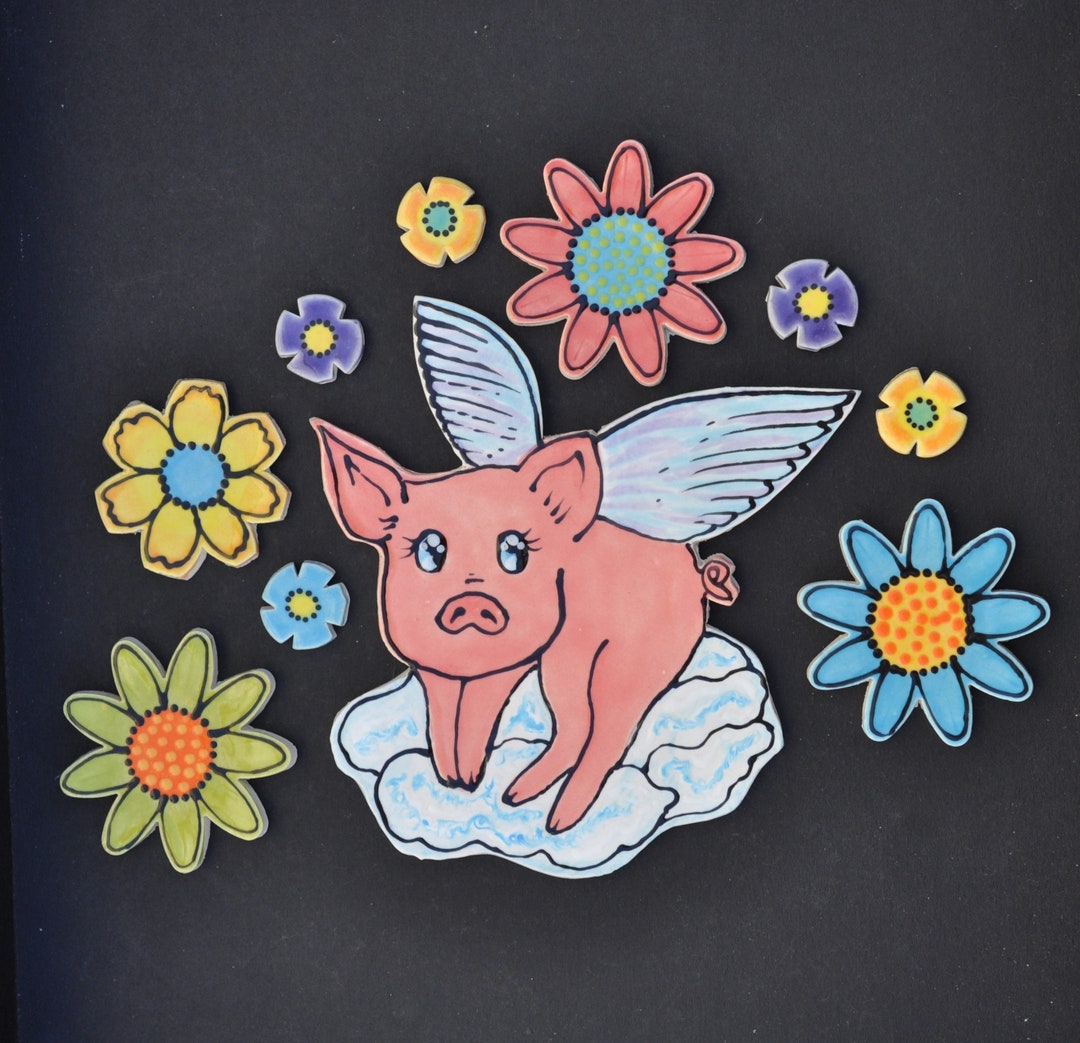 Handmade Mosaic Ceramic Tile Pigs Fly, Flowers , Mosaic Clay Tile - Etsy