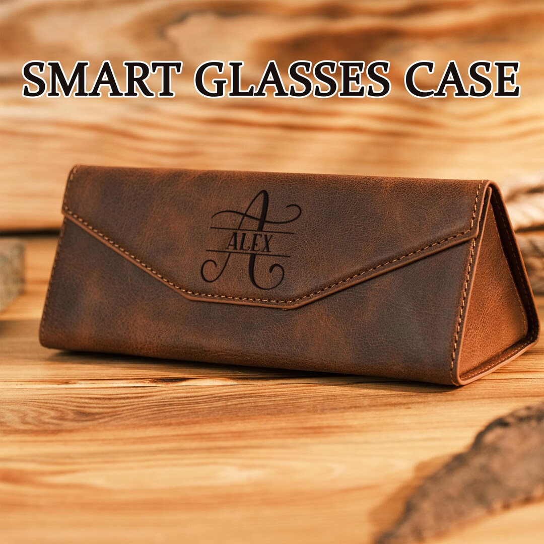 Full Grain Leather Personalized Glasses Case, Engraved Foldable Unisex ...