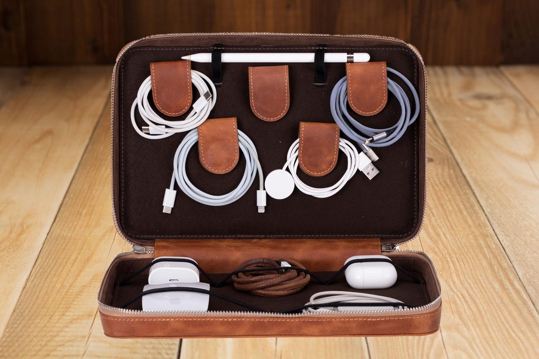 Cable Organizer Travel, Leather Cable and Charger Organizer Storage Bag ...