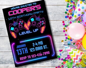 Neon Gamer Digital Birthday Invitation - Etsy