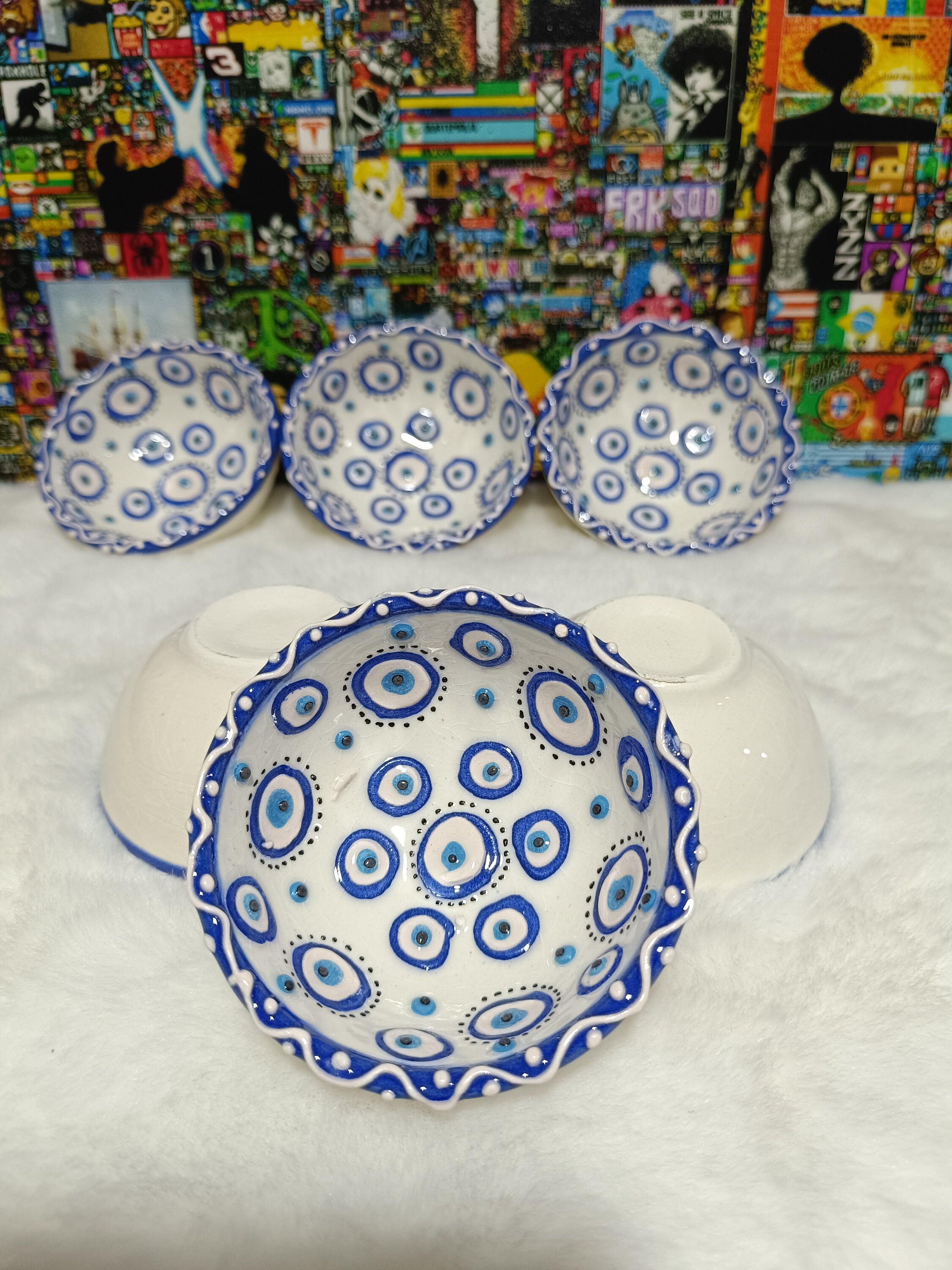 Handmade Ceramic Blessing Bowls Set of 6, Hand Painted,evil Eye Beaded ...