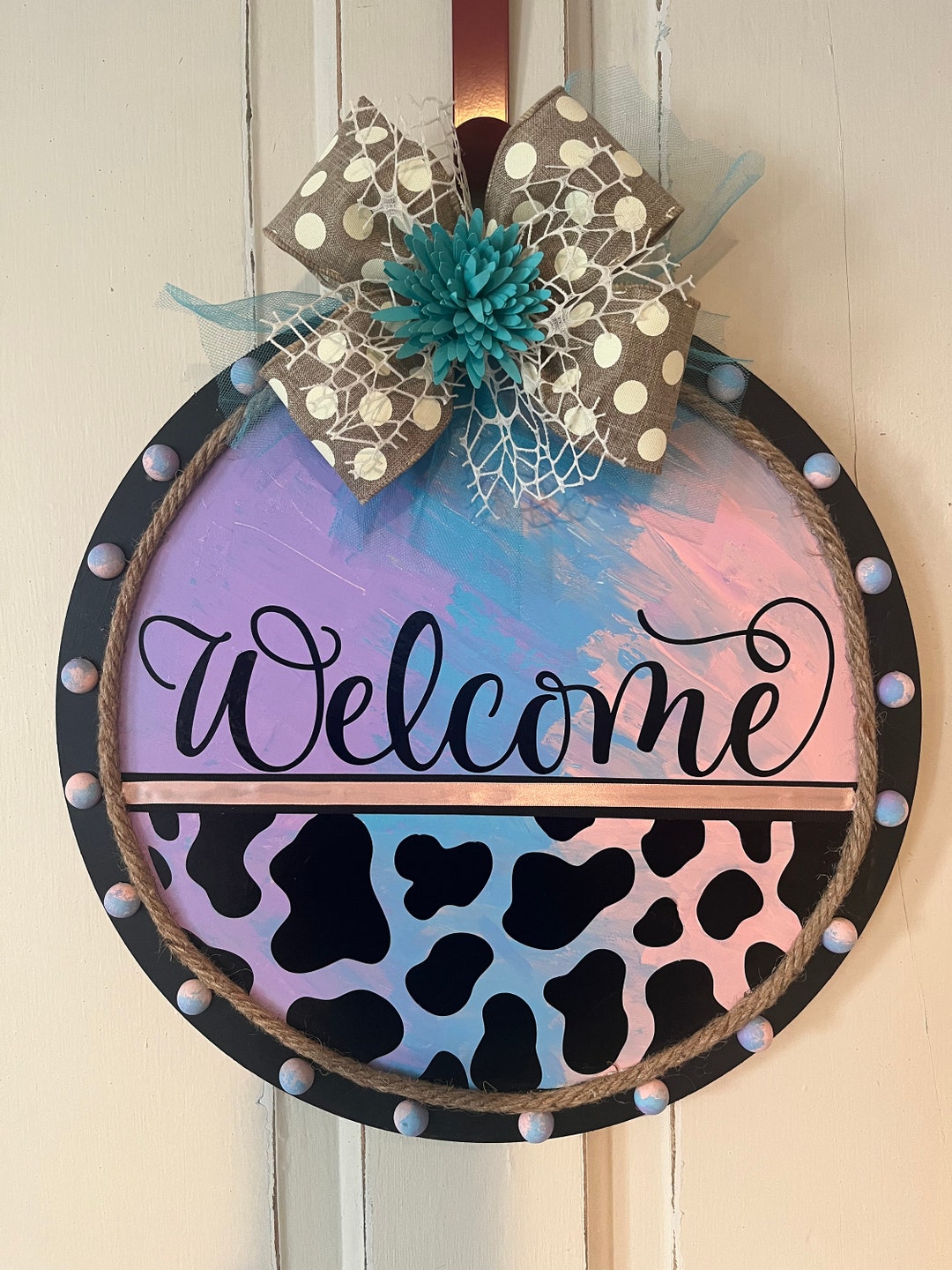 Colorful Cow Print Welcome Door Hanger - Etsy