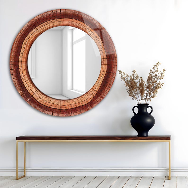 Espelho de parede redondo com aparência rústica de anéis de árvore ...