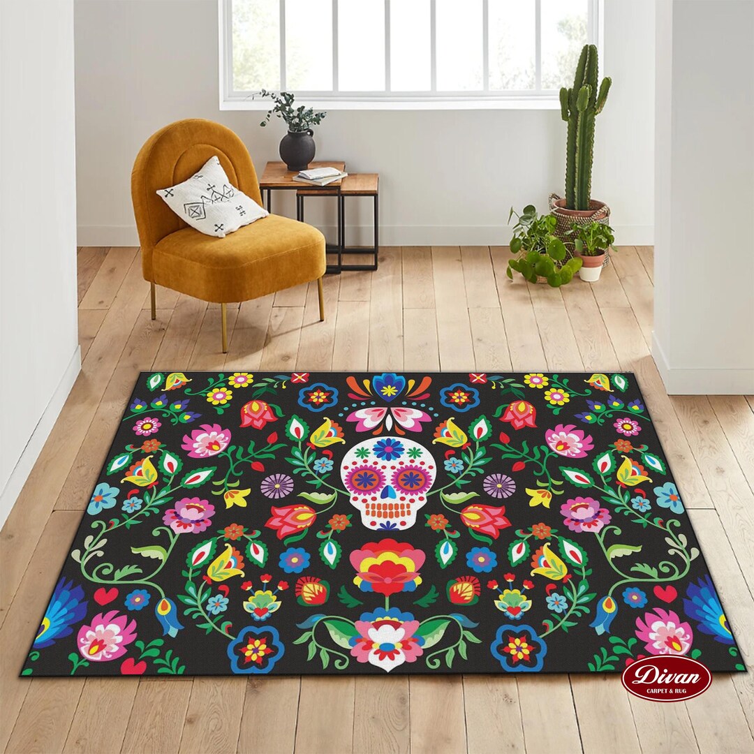 Gothic Floral Skull Carpet,skull Rug,black White Skull Rug,gothic Rug ...