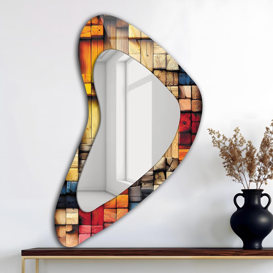 Wood Blocks Asymmetrical Mirror, Tempered Glass Wall Decor - Etsy