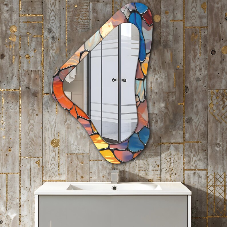 Espelho assimétrico com aparência de vitral – Decoração de parede ...