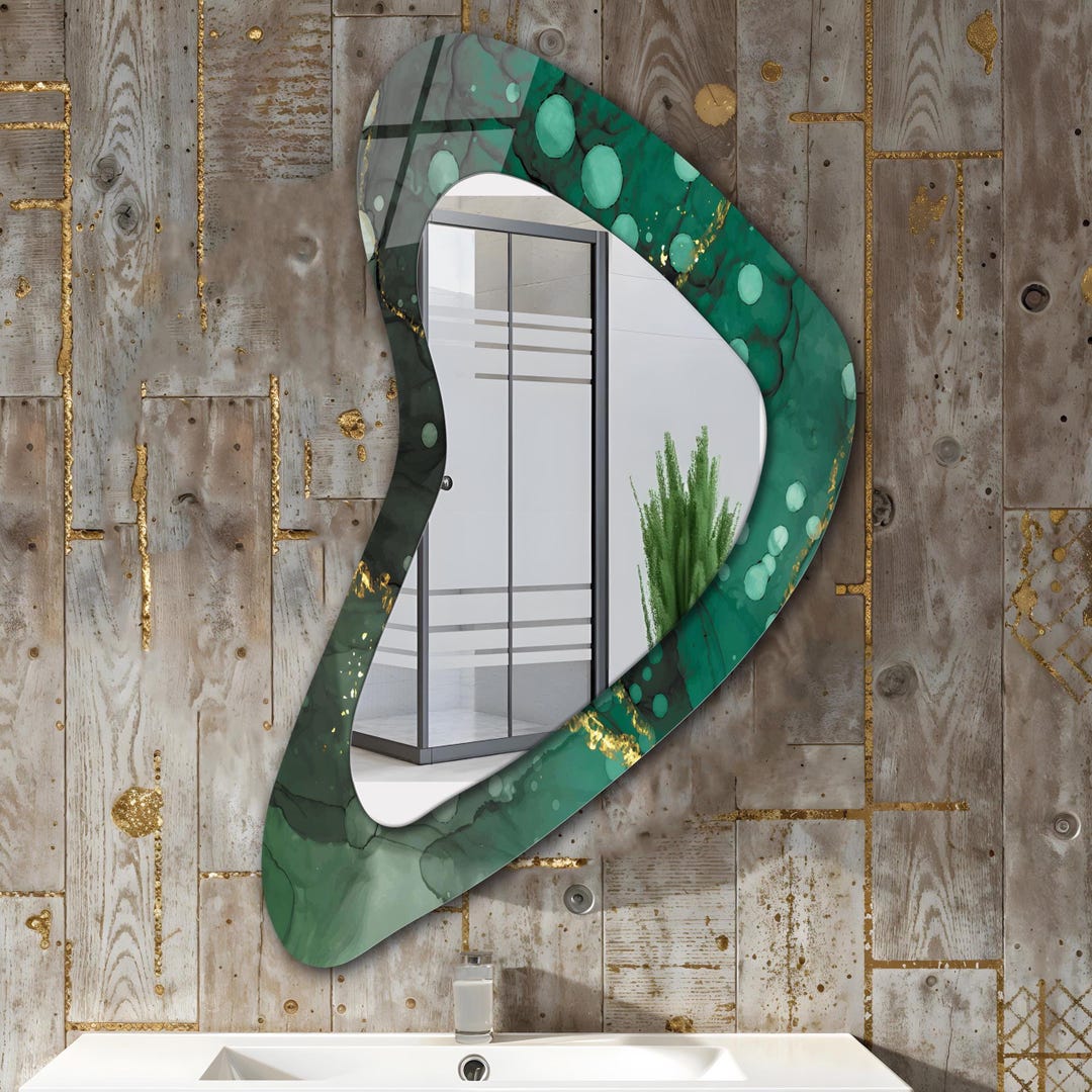 Asymmetrical Tempered Glass Mirror, Irregular Green Marble Oil Look ...