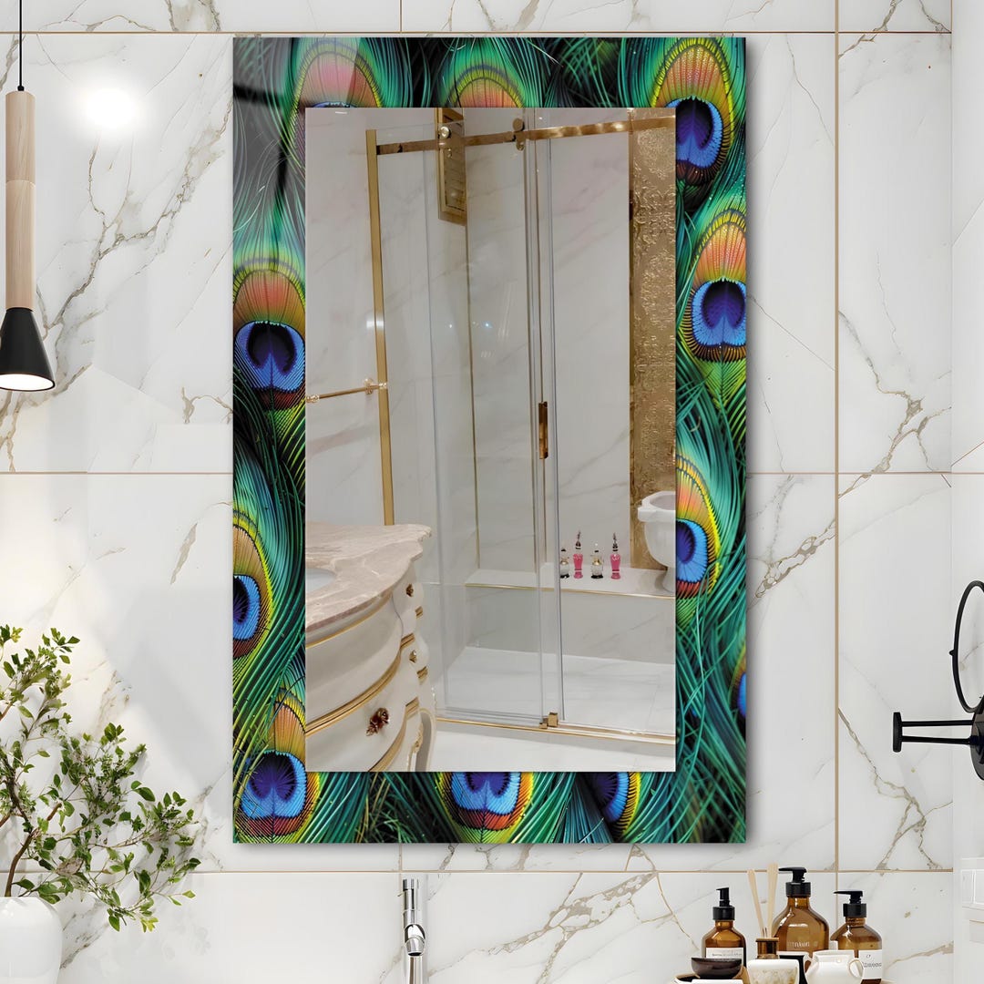 Abstract Peacock Tempered Glass Mirror, Luxury Home Decor, Hallway ...