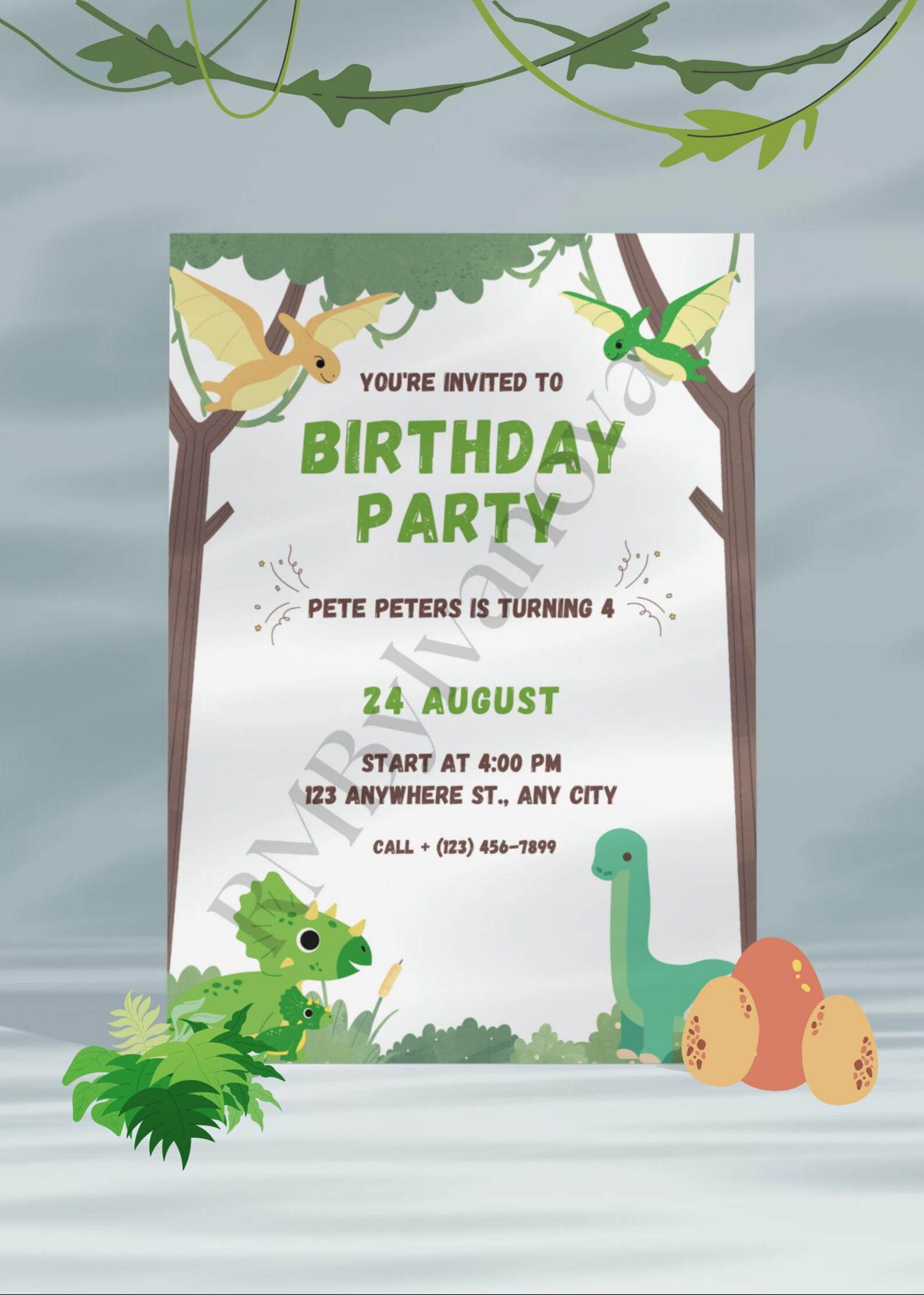 Editable Dinosaur Card for Birthday Invitation, Canva Editable Template ...