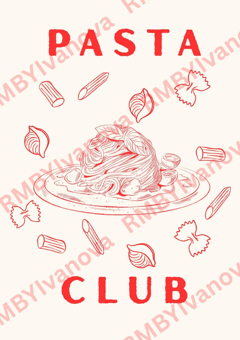 Pasta Club Poster, Pasta Lovers Poster, Pasta Club Wall Art, Pasta Art ...
