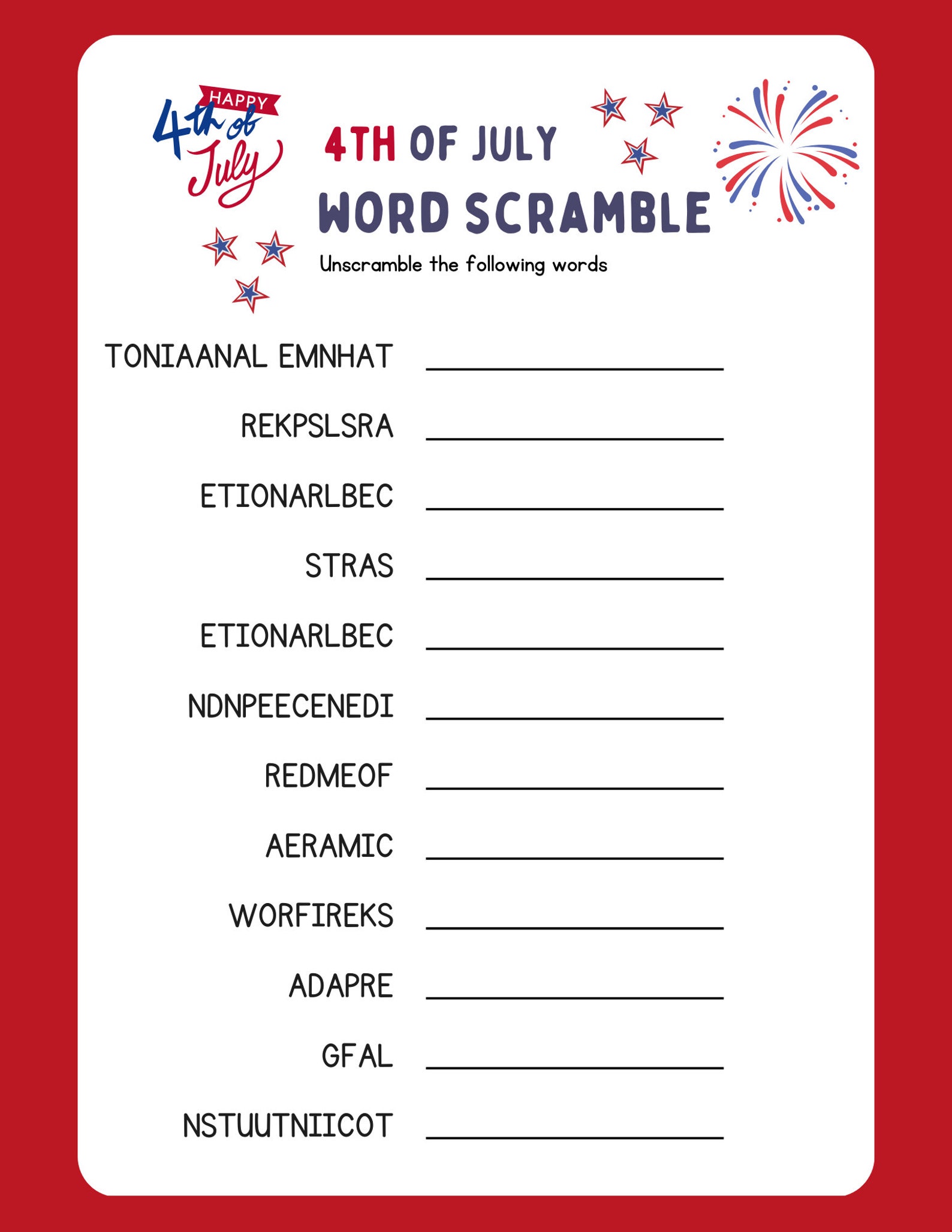4th of July Word Scramble | 4th of July Activities for Kids | 4th of ...