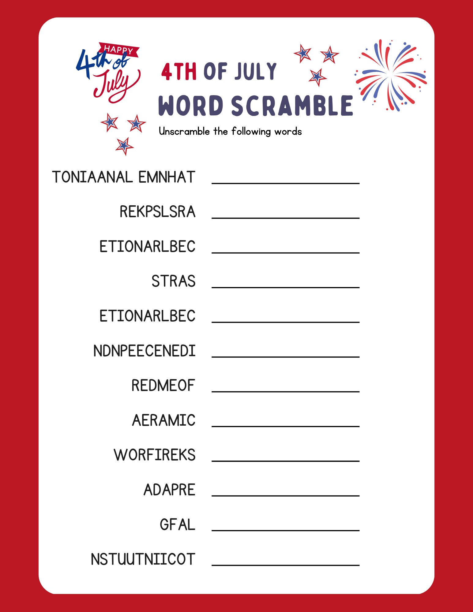 4th of July Word Scramble | 4th of July Activities for Kids | 4th of ...