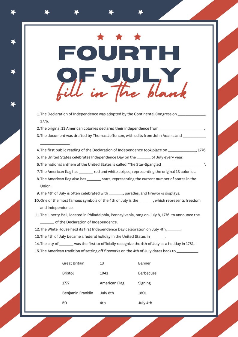 4th of July Trivia | 4th of July Trivia Game | 4th of July Family ...