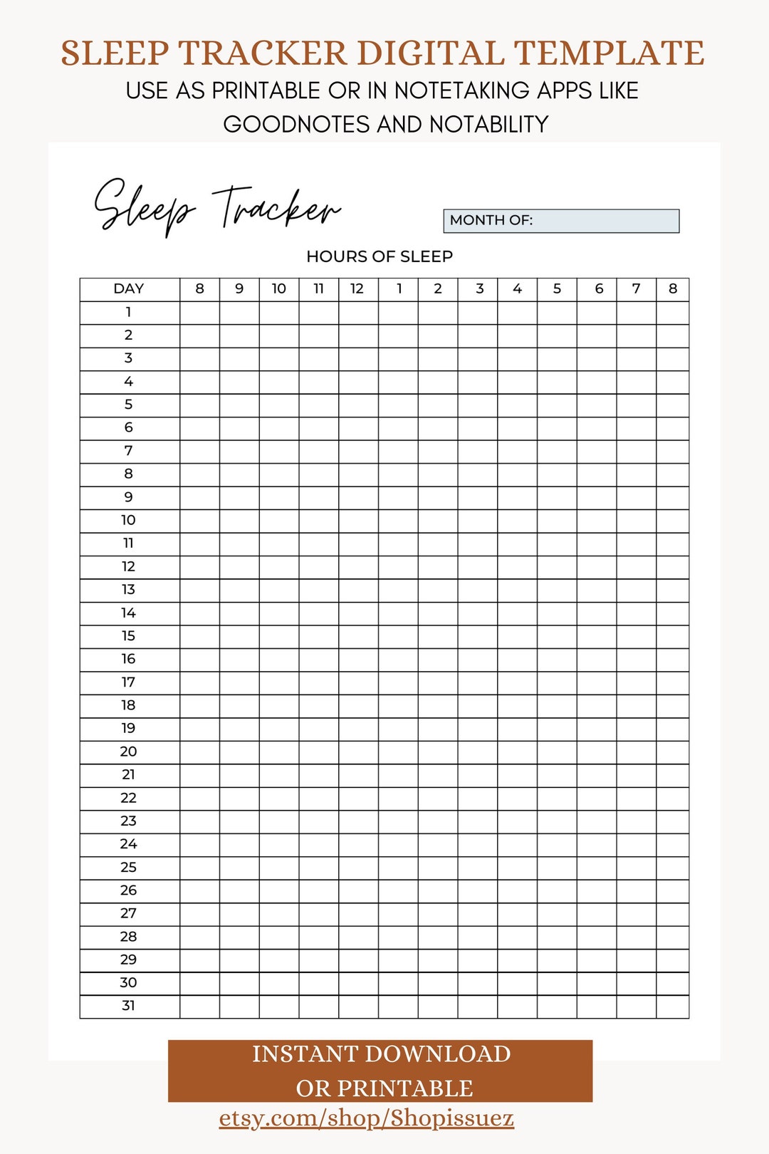 Sleep Tracker Printable/notetaking Apps, Monthly Sleep Log, Sleep ...