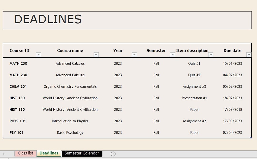 Minimalist Semester Calendar, Excel Planner, Student Organizer ...