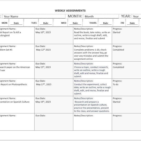 Middle School Assignment Tracker - Etsy