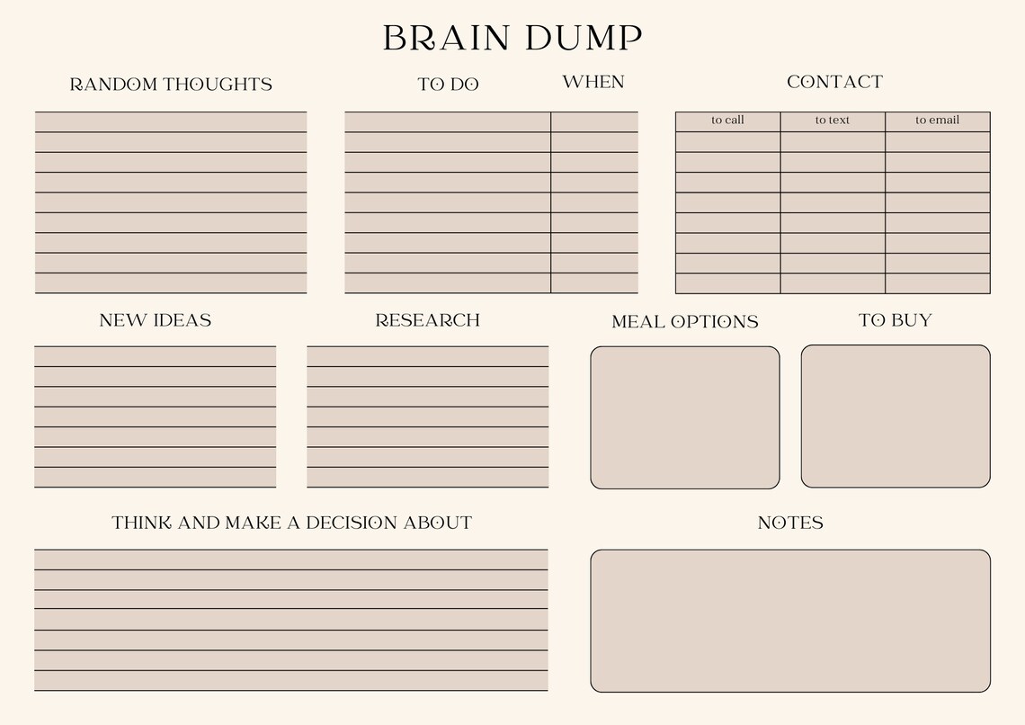 Digital Brain Dump Template, Notetaking App or Printable, Organization ...