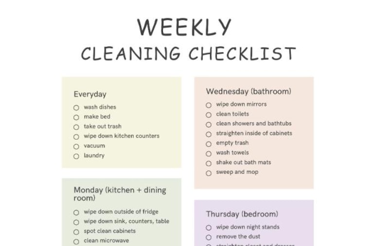 Weekly Cleaning Checklist, Instant Download PDF, Chore Chart Template ...