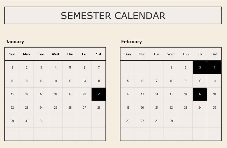 Minimalist Semester Calendar, Excel Planner, Student Organizer ...