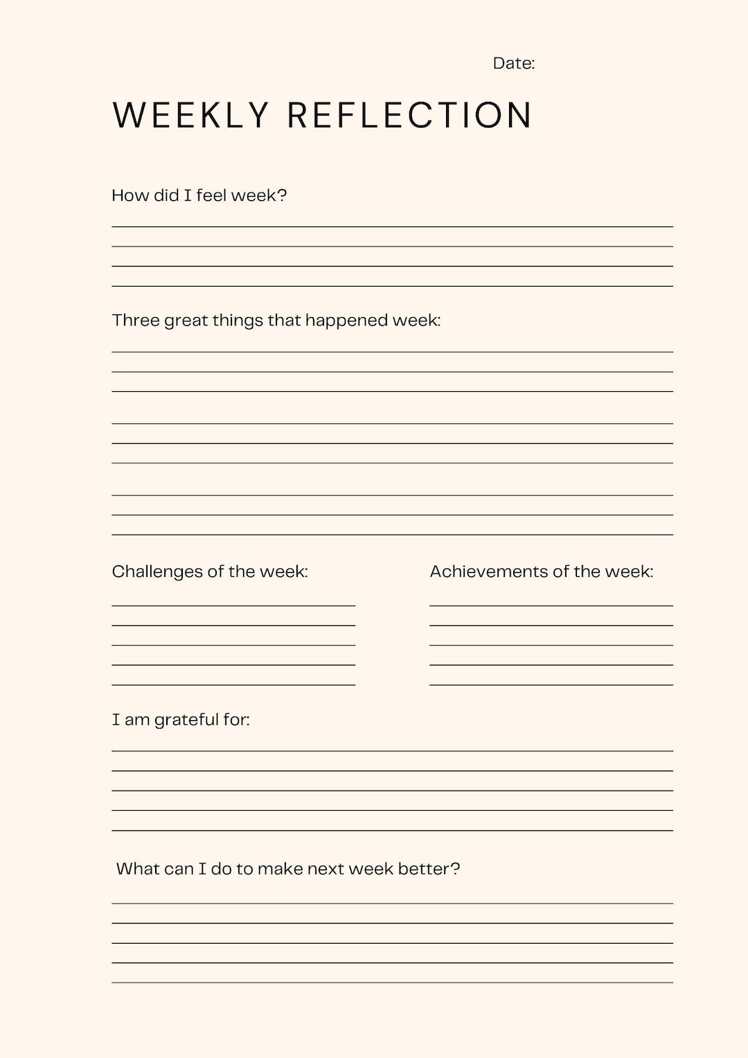 Therapy Notes and Self Reflection Printable, Digital Weekly Reflection ...