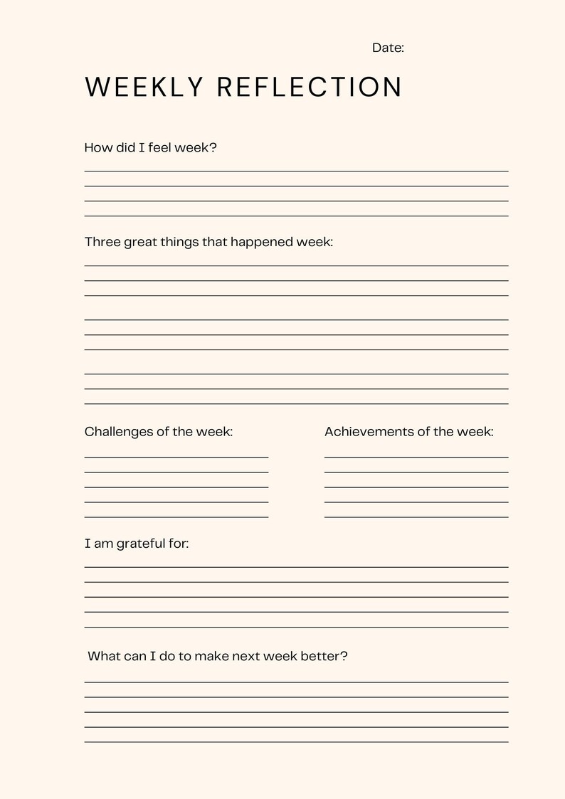 Therapy Notes and Self Reflection Printable, Digital Weekly Reflection ...