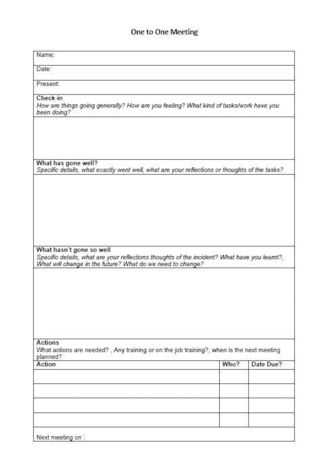 One to One Meeting Notes With Action I Manager Employee Action Driven ...