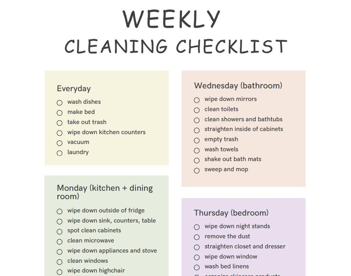 Weekly Cleaning Checklist, Instant Download PDF, Chore Chart Template ...