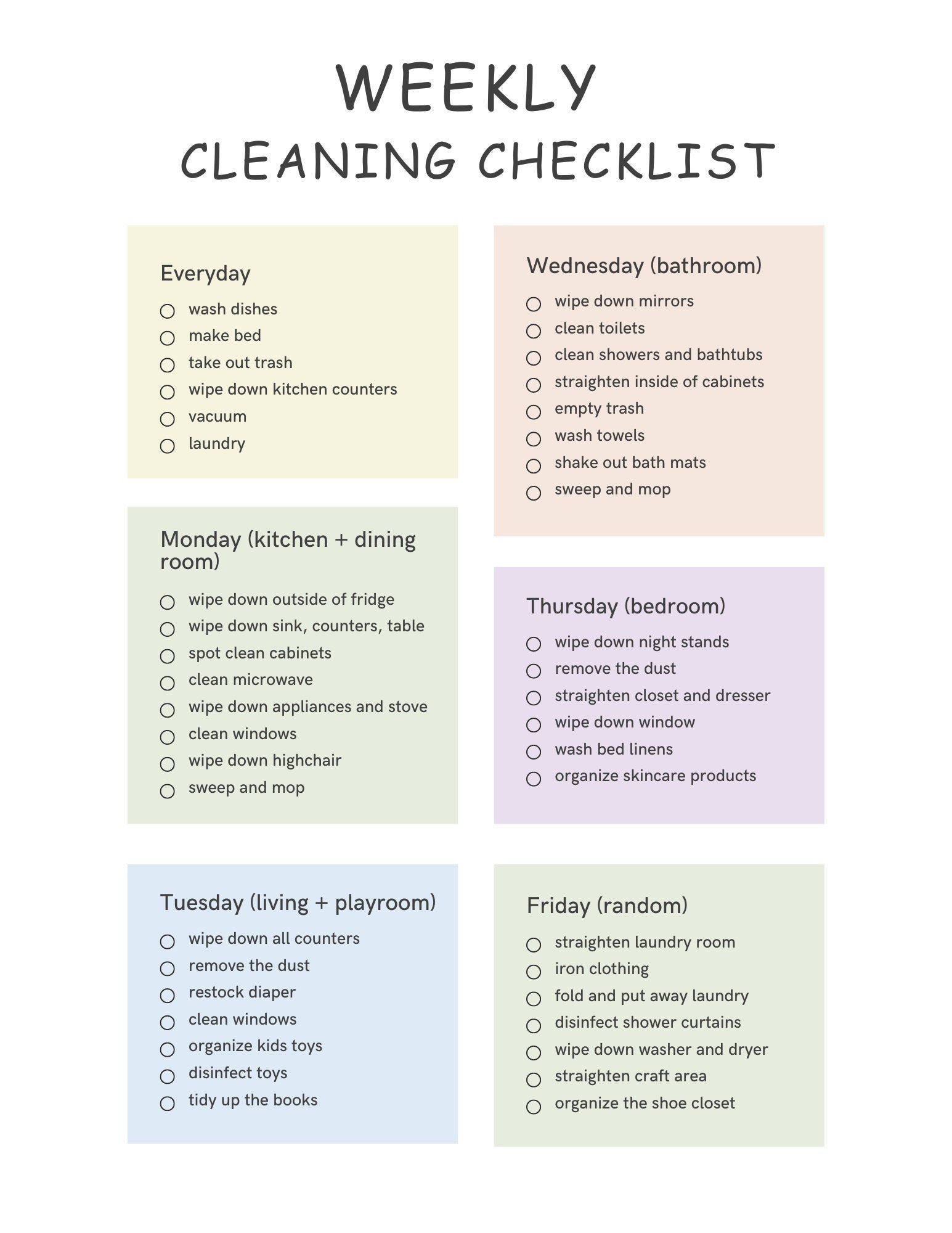 Weekly Cleaning Checklist, Instant Download PDF, Chore Chart Template ...