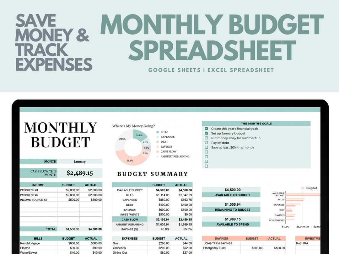 Simple Monthly Budget Spreadsheet | Monthly Budget Spending Tracker ...
