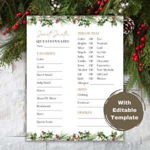 Secret Santa Questions Printable Secret Santa Questionnaire Christmas ...