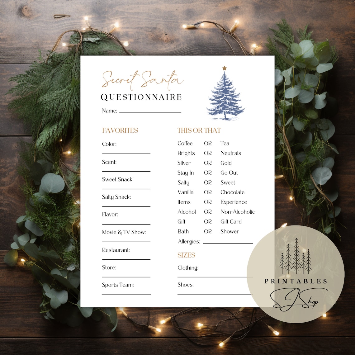 Secret Santa Questions Printable Secret Santa Questionnaire Christmas ...