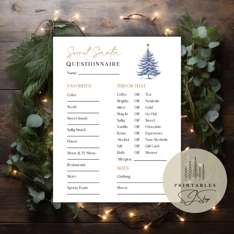 Secret Santa Questions Printable Secret Santa Questionnaire Christmas ...