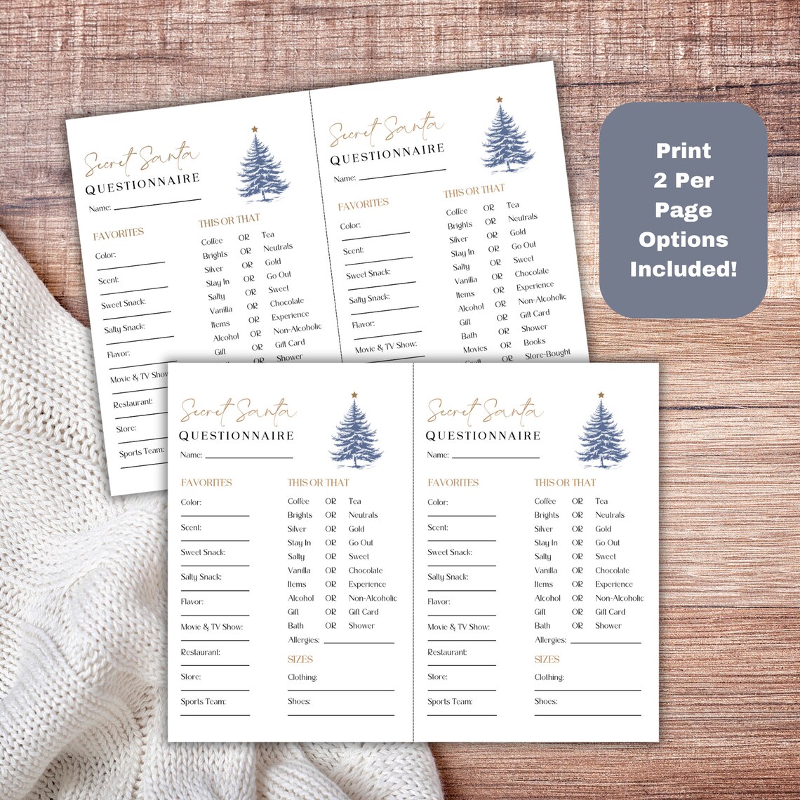 Secret Santa Questions Printable Secret Santa Questionnaire Christmas ...