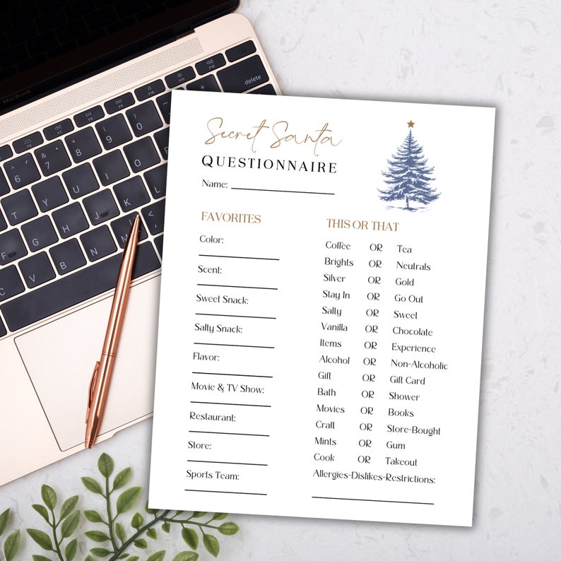 Secret Santa Questions Printable Secret Santa Questionnaire Christmas ...