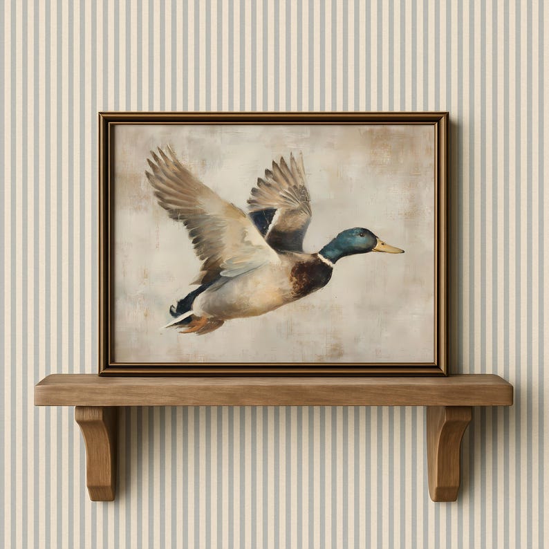 Flying Mallard Duck Wall Art Printable Rustic Wildlife Painting Vintage ...