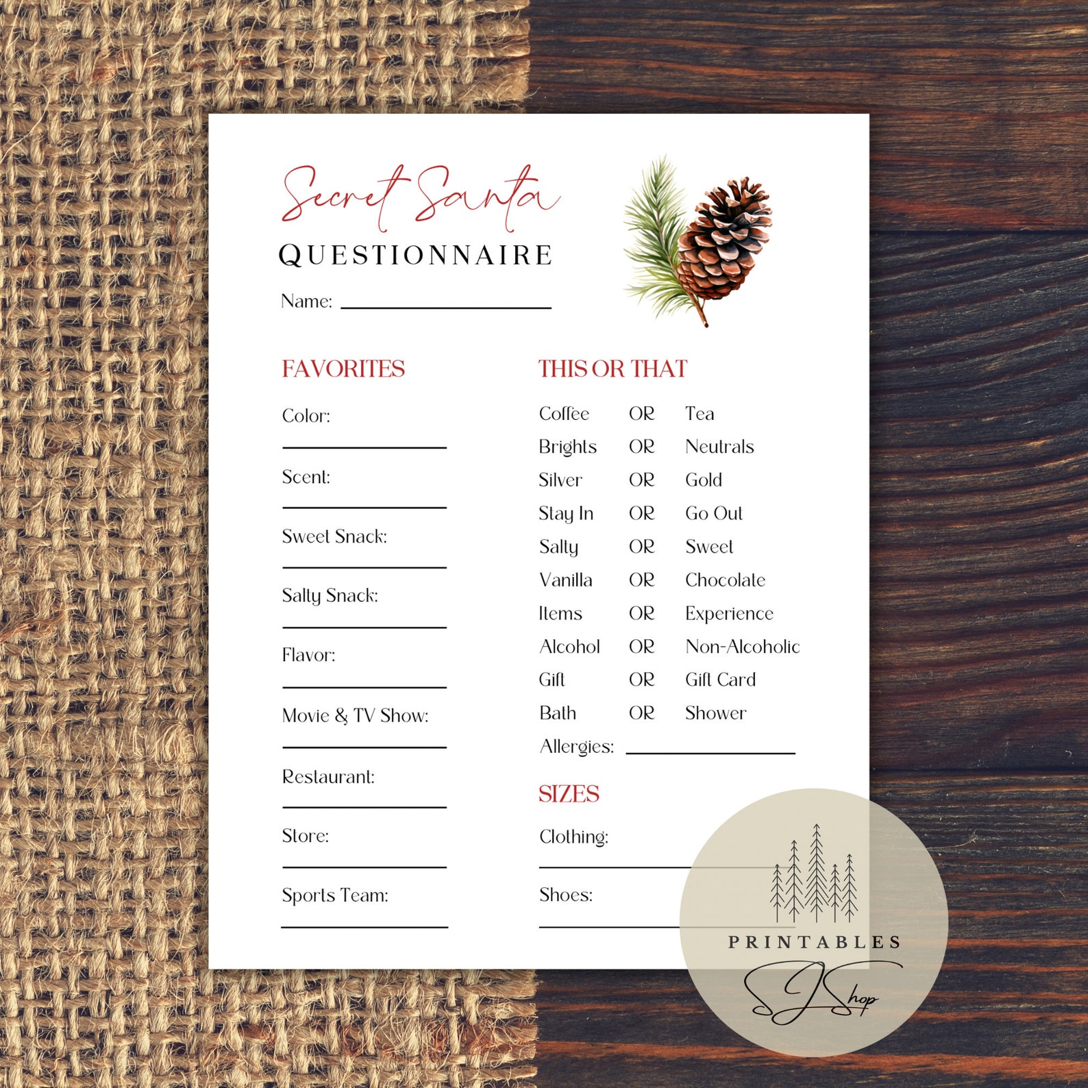 Secret Santa Questions Printable Secret Santa Questionnaire Christmas ...