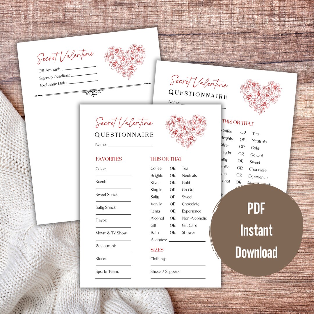 Secret Valentine Questions Printable Valentine Questionnaire Valentine ...