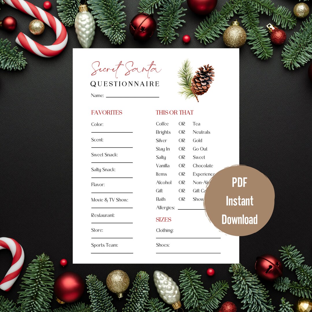 Secret Santa Questions Printable Secret Santa Questionnaire Christmas Gift Exchange Questions ...