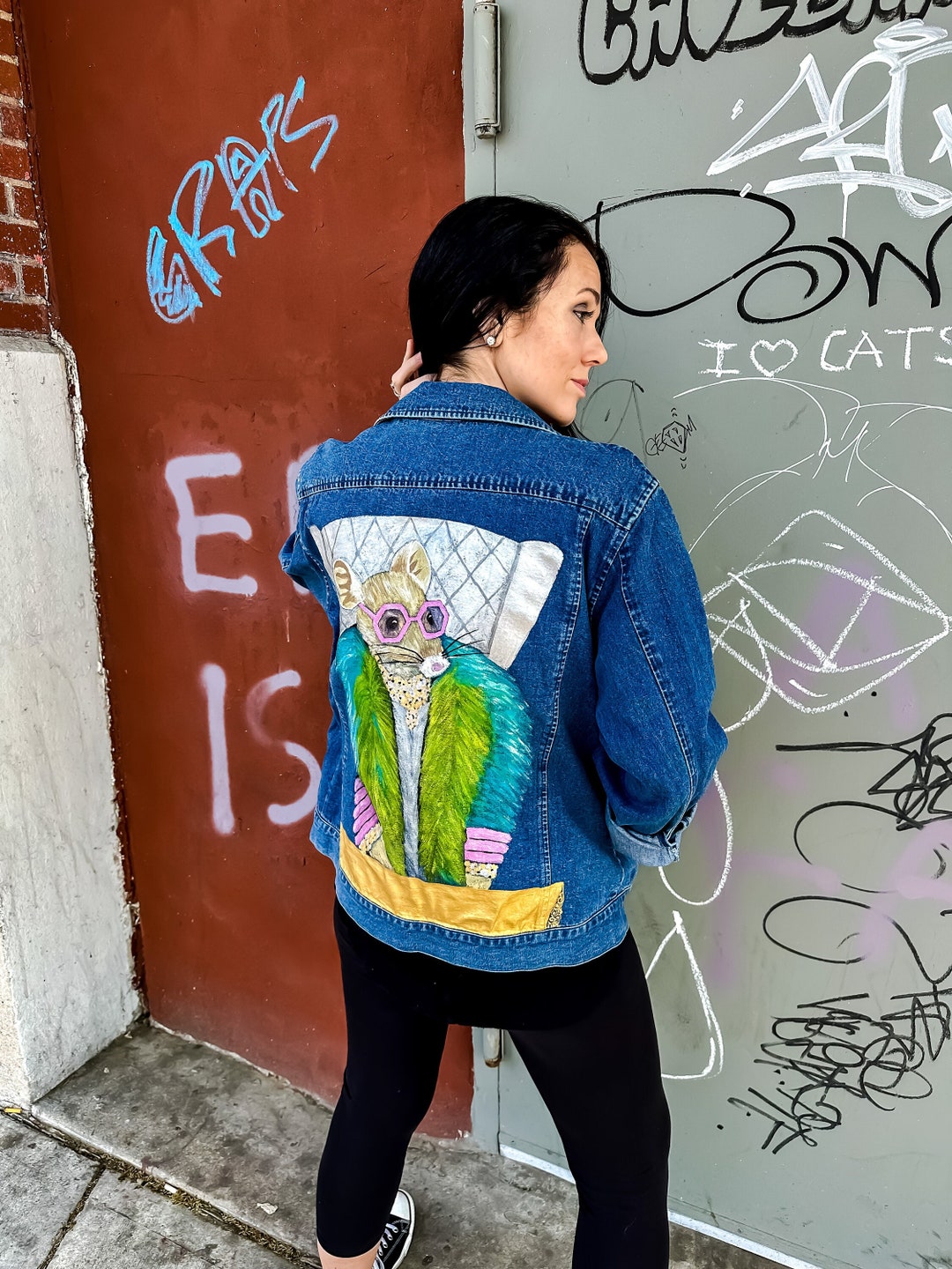 Luxury Mouse Upcycled Denim Jacket | Hand Painted Rodent Wearing Fur ...