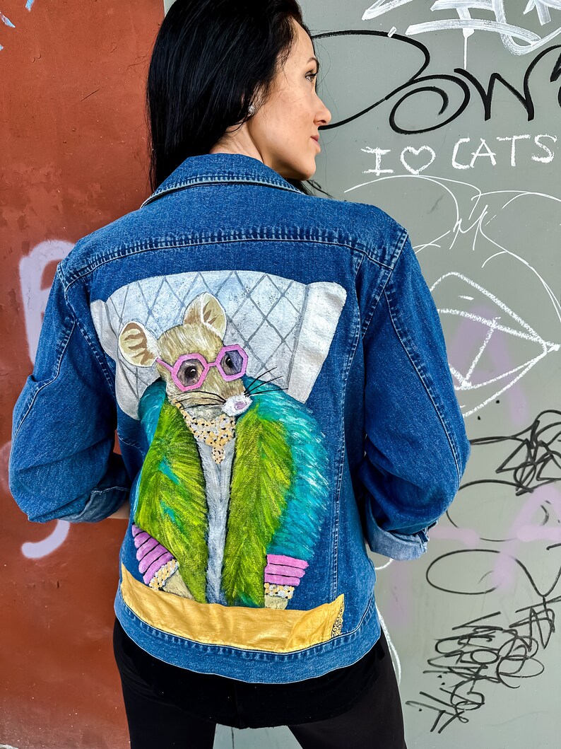 Luxury Mouse Upcycled Denim Jacket Hand Painted Rodent Wearing Fur ...